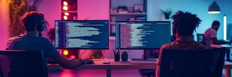Developer Writing Code On Multiple Screens In A Modern Stylish Office