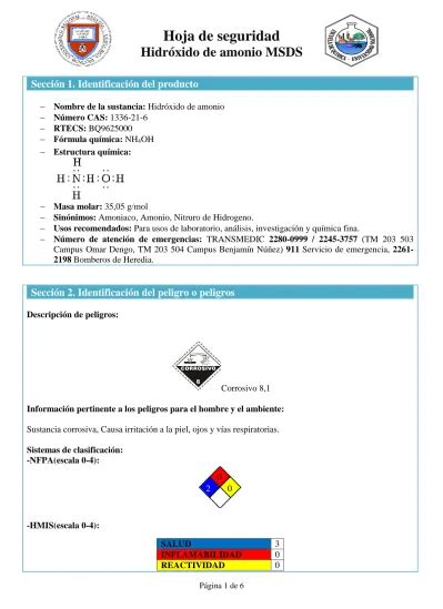 Hoja De Seguridad Hidróxido De Amonio Msds