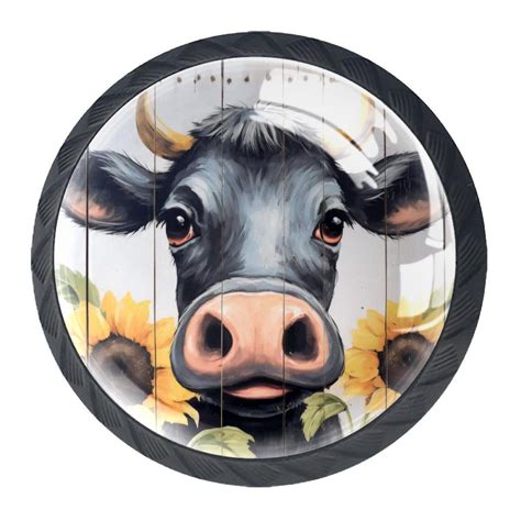 4 Pack Black Drawer Knobs Farm Cow Sunflower On Rustic Wood Plank Cabinet Knobs Round Glass