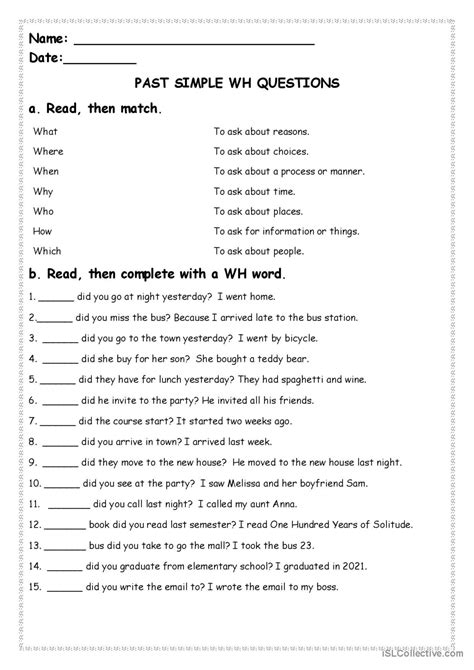 Past Simple And Wh Questions General English Esl Worksheets Pdf And Doc Past Simple And Wh Questions General English Esl Worksheets Pdf And Doc