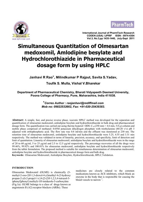 Pdf Simultaneous Quantitation Of Olmesartan Medoxomil Amlodipine Besylate And