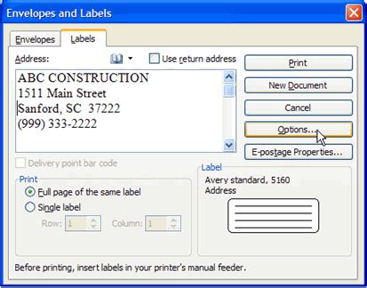 Word Printing Labels
