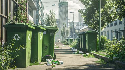 An Urban Scene Depicting Green Recycling Bins And Litter Carelessly