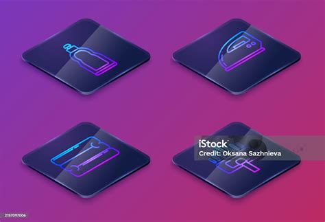 액체 식기 세척액 수건 더미 전기 다리미 및 진공 청소기용 아이소메트릭 라인 플라스틱 병을 설정합니다 파란색 사각형 버튼입니다 벡터 3차원 형태에 대한 스톡 벡터 아트 및