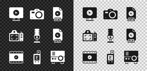 온라인 재생 비디오 사진 카메라 Mp4 파일 문서 비디오 재생 라이트 미터 미디어 프로젝터 및 마이크 아이콘을 설정합니다 벡터 검은색에 대한 스톡 벡터 아트 및 기타 이미지