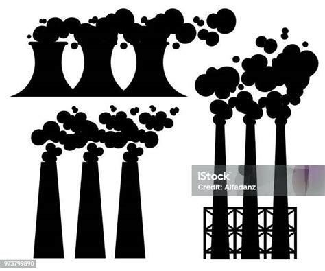 검은 실루엣 환경 오염 문제입니다 공장 연기 파이프의 설정 지구 공장 탄소 가스 오염 벡터 평면 그림입니다 벡터 일러스트 레이