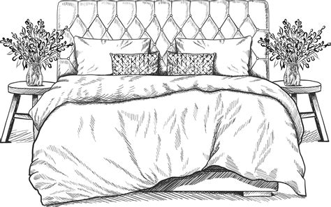 Vector Hand Drawing Modern Interior Sketch Bedroom Furniture Bedside Table And Cosy Bed