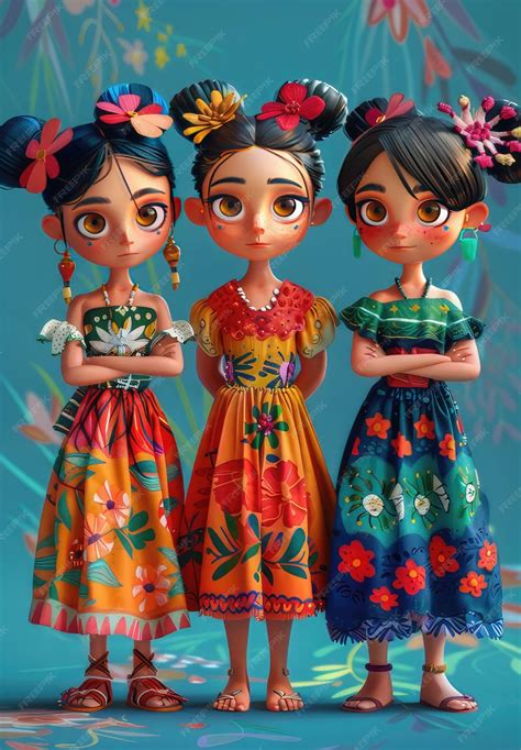 Premium Photo Cartoon Illustration Of 3 Beautiful Mexican Girls And