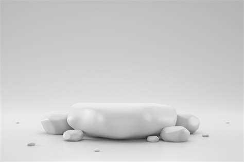 흰색 배경에 돌 플랫폼 개념현대 받침대 또는 연단 디스플레이 제품을 전시하기 위한 빈 선반 스탠드 3d 렌더링 돌 바위에 대한