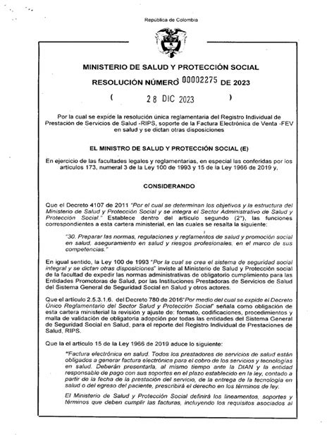 Resolución No 2275 De 2023 Cambio En La Estructura De Los Rips Pdf Factura Bienestar