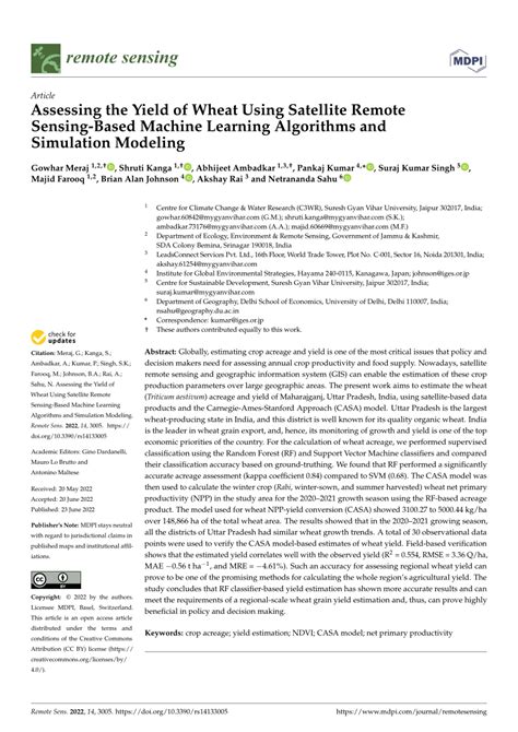 Pdf Assessing The Yield Of Wheat Using Satellite Remote Sensing Based