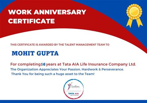 Mohit Gupta On Linkedin Certification By Excellence Club Team On Completion Of 16 Years In Tata Aia