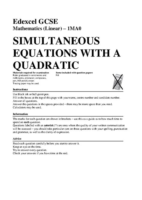 101 Simultaneous Equations With A Quadratic Edexcel Gcse Mathematics