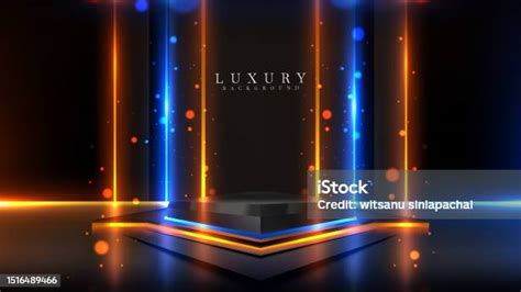 파란색과 금색의 네온 조명 효과가 있는 검은색 연단과 보케 장식이 어두운 장면에서 움직입니다 미래 지향적인 배경 디자인 우아한 스타일 패턴에 대한 스톡 벡터 아트 및 기타