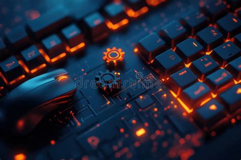 A Keyboard Displaying Bright Orange Highlights Features A Mouse And