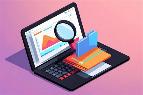 Flat 3d Isometric Laptop Computer With Folders And Magnifying Glass On Screen Data Analysis And