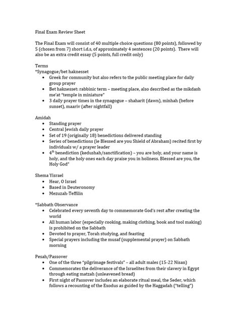 Final Exam Review Sheet For Judaism Christianity And Islam Pdf