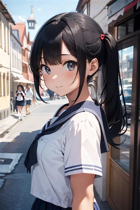 거리에 서 있는 교복을 입고 포니테일을 한 애니메이션 소녀 Seaart Ai