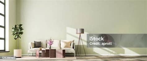 인테리어 장면 로프트 건물에 소파가 있는 거실 석조 바닥 바닥 램프 무화과 나무와 벚꽃 화병에 카펫 3d 렌더 웹 배너 크기