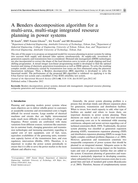 Pdf A Benders Decomposition Algorithm For A Multi Area Multistage Integrated Resource