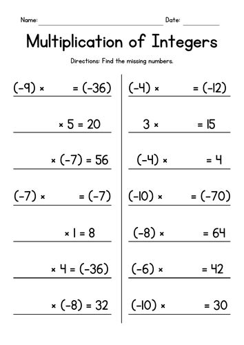 Multiplying Integers Missing Numbers Worksheets Teaching Resources