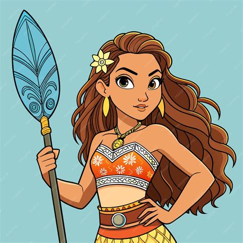 Design An Outline Illustration Of Moana The Beloved Disney Princess In A Dynamic Pose Holding