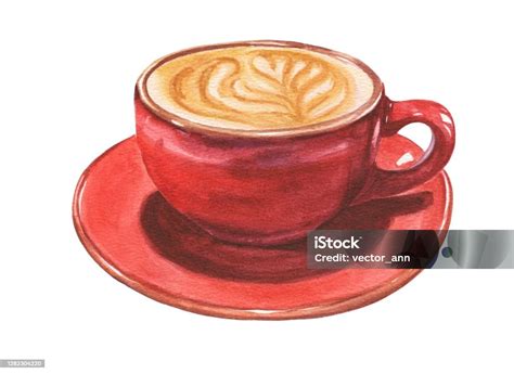 흰색 배경에 고립 된 카푸치노의 수채화 빨간 컵 손으로 그린 커피 일러스트 커피잔에 대한 스톡 벡터 아트 및 기타 이미지