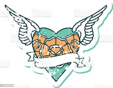 날개 꽃과 배너와 마음의 고민 스티커 문신 스타일 아이콘 꽃 식물에 대한 스톡 벡터 아트 및 기타 이미지 꽃 식물 날기