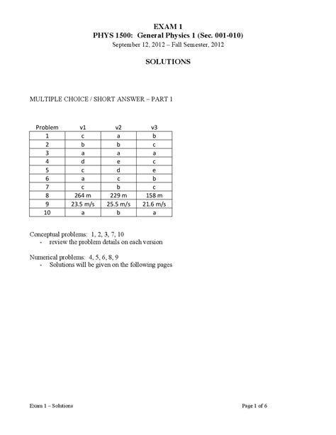 Exam 1 With Solution For General Physics Phys 1500 Docsity