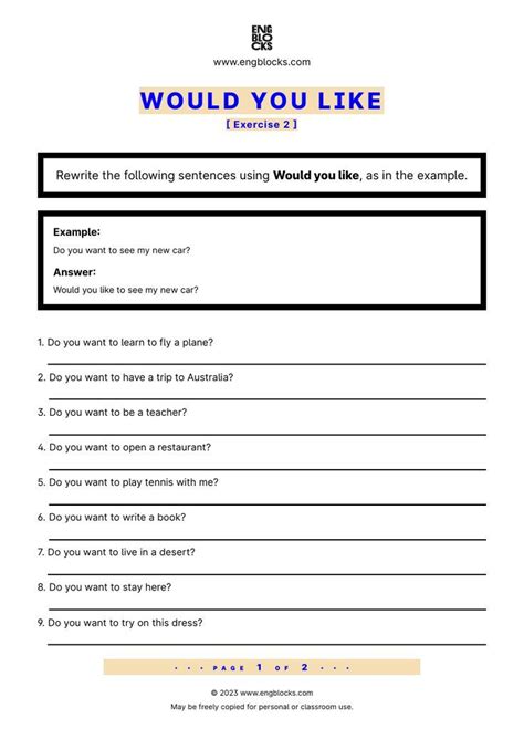 Would You Like Exercise 2 Esl Worksheet English Grammar Exercises Grammar Exercises Esl