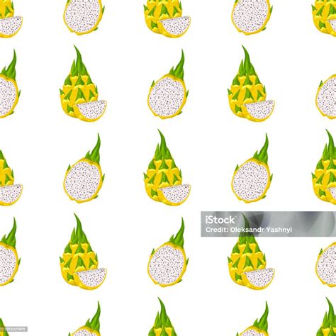 흰색 배경에 고립 된 신선한 전체와 컷 노란색 피타야 과일을 매끄러운 패턴 건강한 라이프 스타일을위한 여름 과일 유기농 과일 만화 스타일 모든 디자인에 대한 벡터 그림입니다
