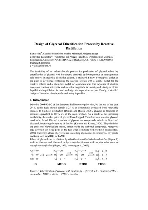 Pdf Design Of Glycerol Etherification Process By Reactive Distillation