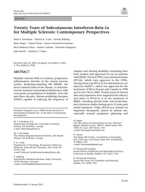Pdf Twenty Years Of Subcutaneous Interferon Beta 1a For Multiple Sclerosis Contemporary