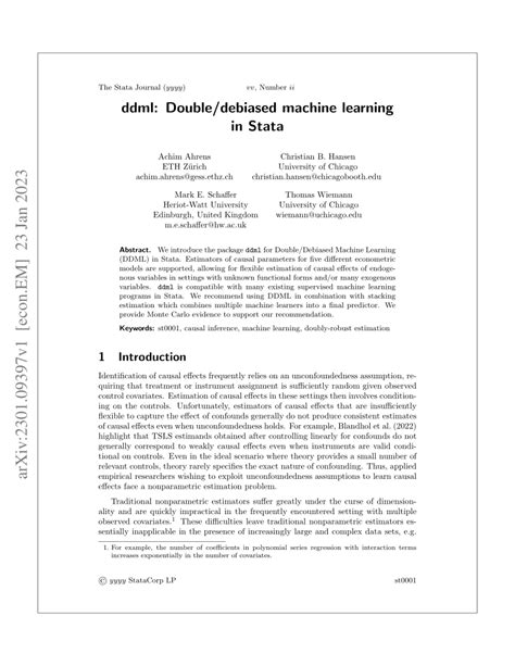 Pdf Ddml Doubledebiased Machine Learning In Stata