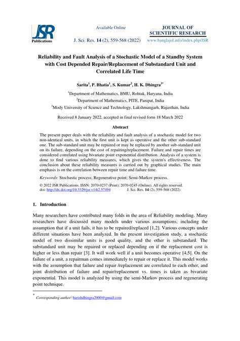 Pdf Reliability And Fault Analysis Of A Stochastic Model Of A Standby