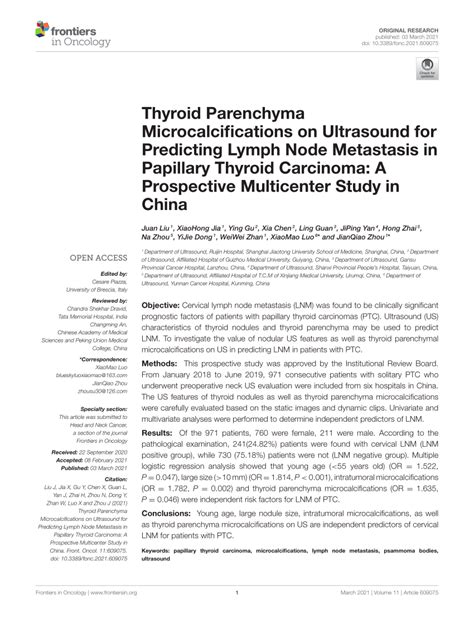 Pdf Thyroid Parenchyma Microcalcifications On Ultrasound For Predicting Lymph Node Metastasis