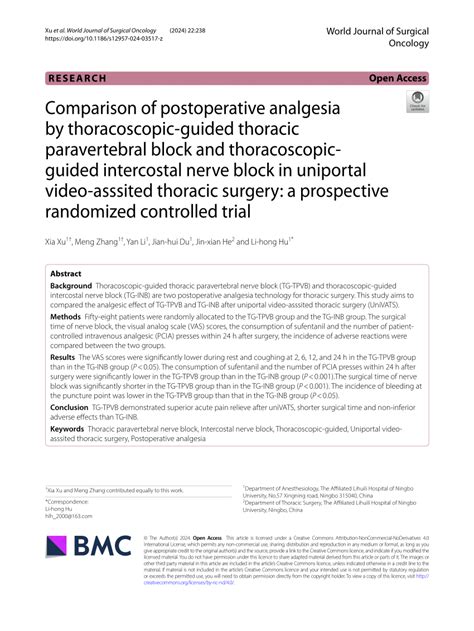 Pdf Comparison Of Postoperative Analgesia By Thoracoscopic Guided Thoracic Paravertebral Block