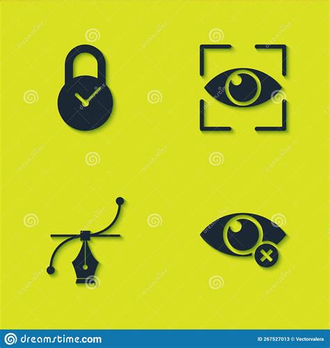 Set Padlock With Clock Invisible Or Hide Bezier Curve And Eye Scan Icon Vector Stock Vector
