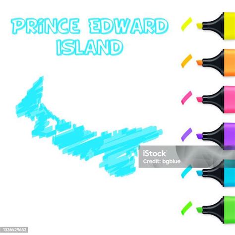 프린스 에드워드 아일랜드 지도 손 흰색 배경에 파란색 형광펜으로 그려진 국가 지리적 지역에 대한 스톡 벡터 아트 및 기타 이미지