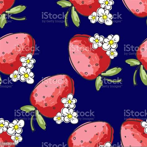 귀여운 빨간 딸기와 파란색 배경에 꽃 매끄러운 패턴 벡터 일러스트레이션 디자인 인쇄 직물 0명에 대한 스톡 벡터 아트 및 기타 이미지 0명 과일 귀여운 Istock