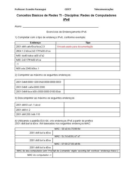 Exercícios De Endereçamento Ipv6 V1 Pdf I Pv6 Rede De Computadores