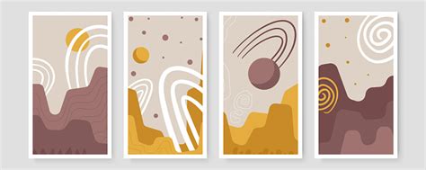 4 개의 추상 적 미학 중반 세기 현대 풍경 현대 풍경 현대 보헤 포스터 표지 템플릿의 세트 아트 프린트 엽서 벽지 벽예술에 대한 최소한의 자연 일러스트레이션 0명에 대한