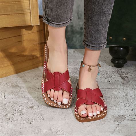 Flat Sandals For Women Summer Wide Width Leather Sandals Casual Slip On