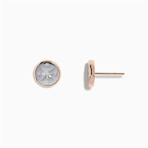 Novelty 14k Two Tone Gold Diamond Compass Stud Earrings