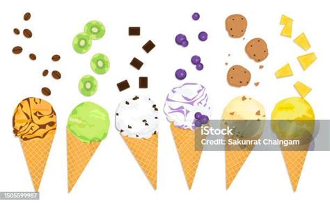 우유 커피 콘 키위 밀크 초콜릿 블루 베리 쿠키 및 파인애플의 다양한 아이스크림 맛 흰색 배경에 설정합니다 여름과 달콤한 메뉴 컨셉 0명에 대한 스톡 벡터 아트 및 기타