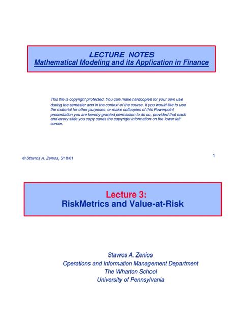 Lecture Notes Mathematical Modeling And Its Application In Finance Pdf Value At Risk