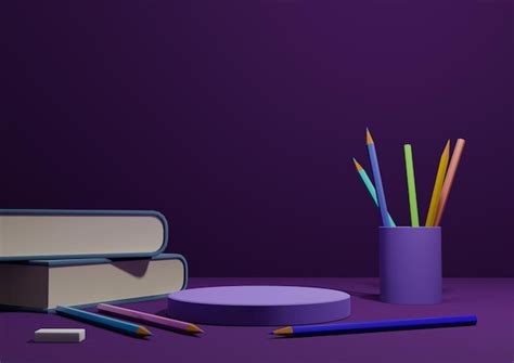 짙은 보라색 3d 그림 학교 제품 전시 연단은 연필 책이 있는 측면에 서 있습니다 프리미엄 사진