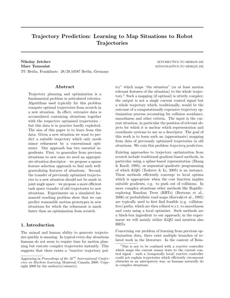Pdf Trajectory Prediction Learning To Map Situations To Robot