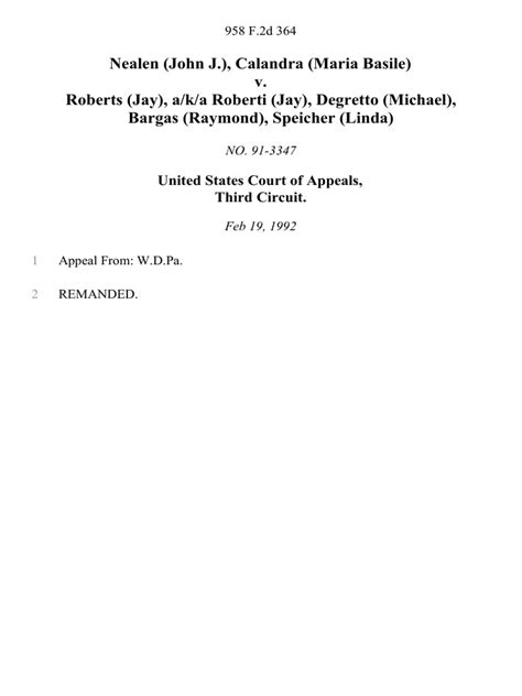 Nealen John J Calandra Maria Basile V Roberts Jay A K A Roberti Jay Degretto