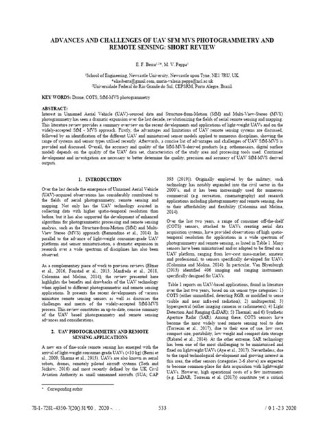 Advances And Challenges Of Uav Sfm Mvs Photogrammetry And Remote Sensing Short Review Pdf